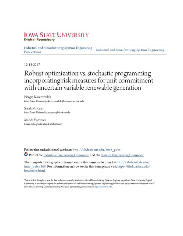 Pdf Robust Optimization Vs Stochastic Programming Incorporating Risk Measures For Unit