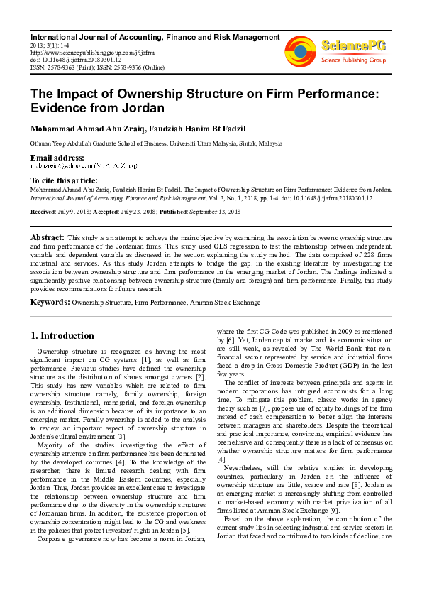 (PDF) The Impact of Ownership Structure on Firm Performance: Evidence from Jordan