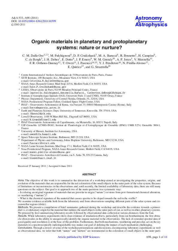 (PDF) Organic materials in planetary and protoplanetary systems: nature ...