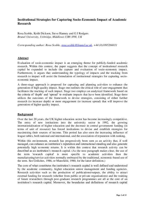 (PDF) Institutional strategies for capturing socio-economic impact of ...