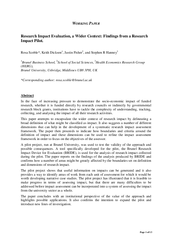 (PDF) Research impact evaluation, a wider context: Findings from a ...