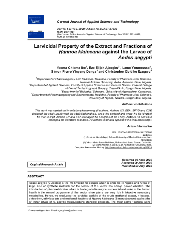 (PDF) Larvicidal Property of the Extract and Fractions of Hannoa ...
