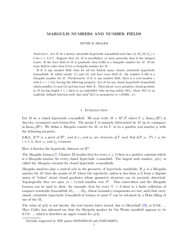 (PDF) Margulis numbers and number fields | Peter Shalen - Academia.edu