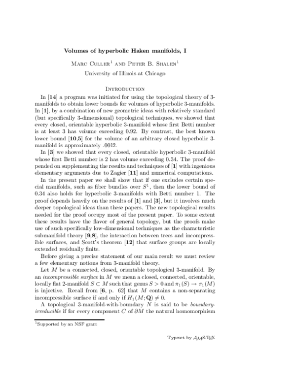 (PDF) Volumes of hyperbolic Haken manifolds, I | Peter Shalen ...