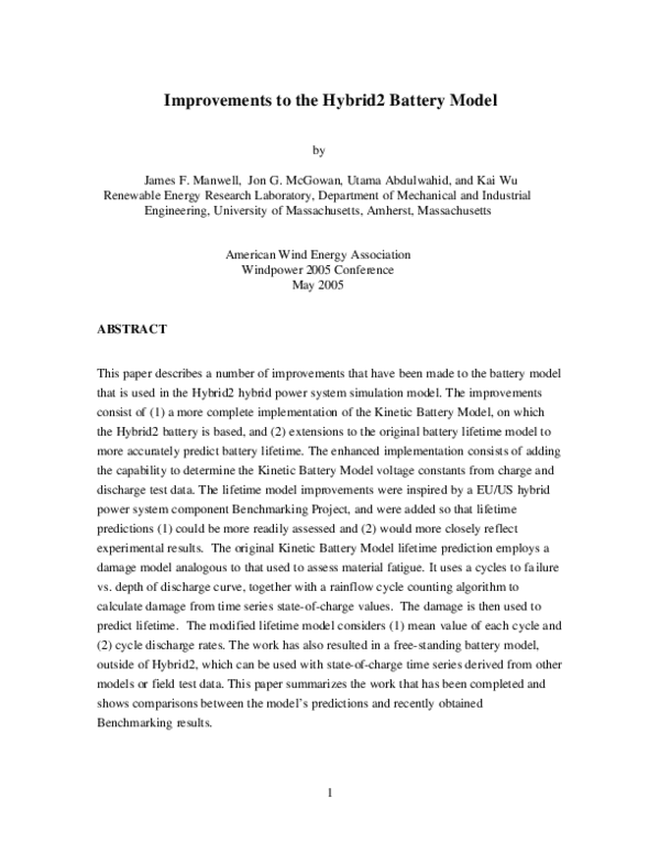 (PDF) Improvements to the Hybrid2 Battery Model | James Manwell ...