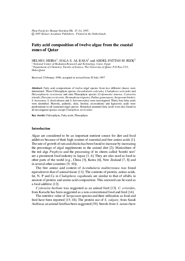 (PDF) Fatty acid composition of twelve algae from the coastal zones of ...