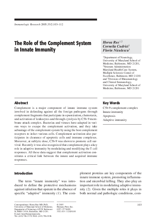 (PDF) The Role of the Complement System in Innate Immunity