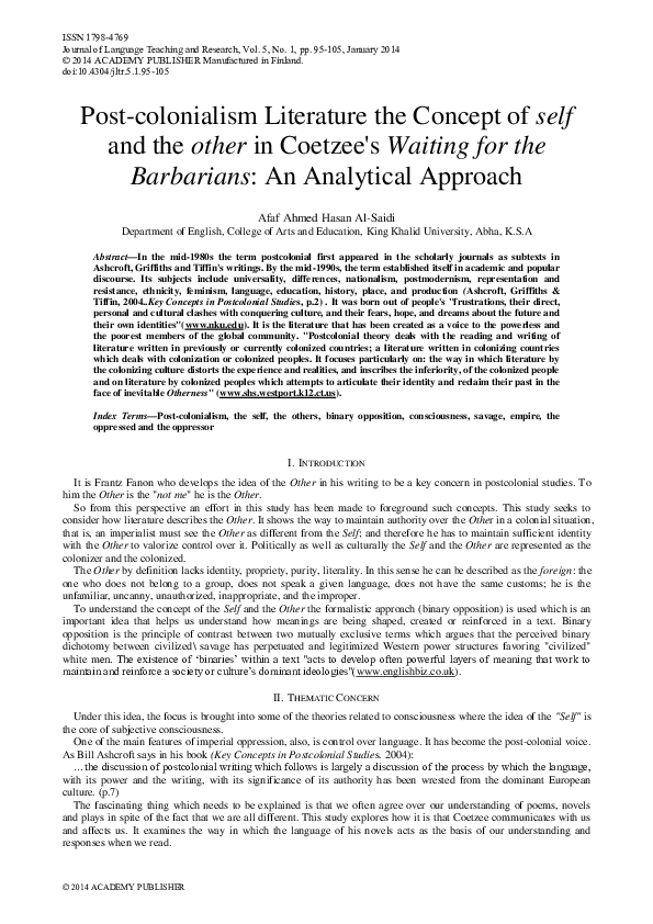 (PDF) Post-colonialism Literature the Concept of self and the other in Coetzee's Waiting for the ...