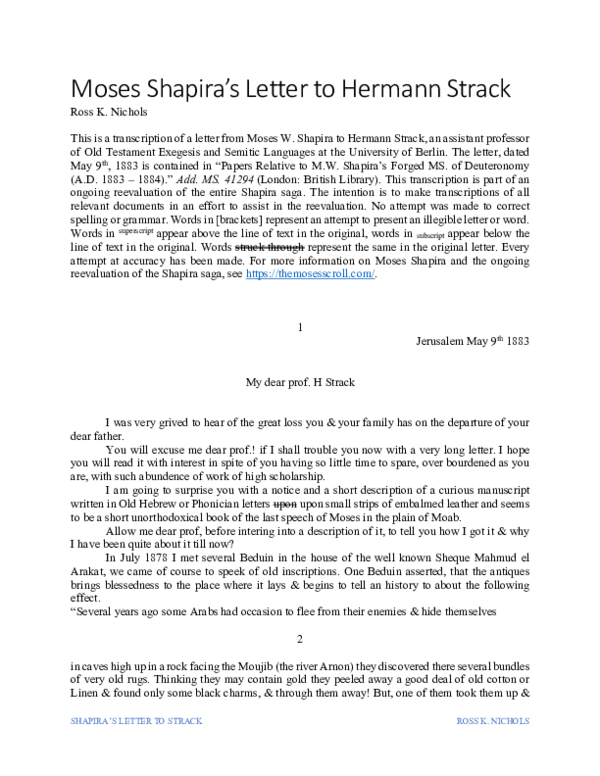(PDF) Moses W. Shapira's Letter to Hermann Strack