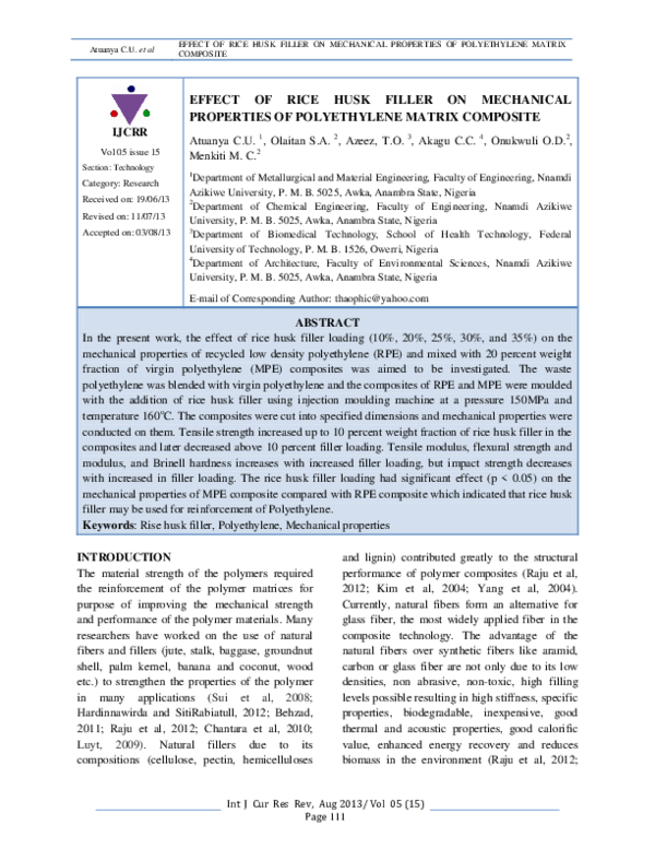 (PDF) Effect of Rice Husk Filler on Mechanical Properties of ...