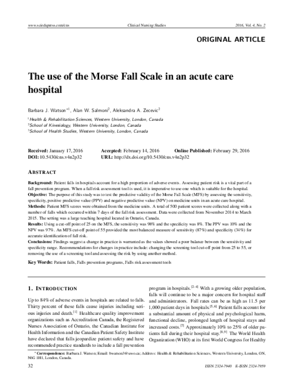 (PDF) The use of the Morse Fall Scale in an acute care hospital