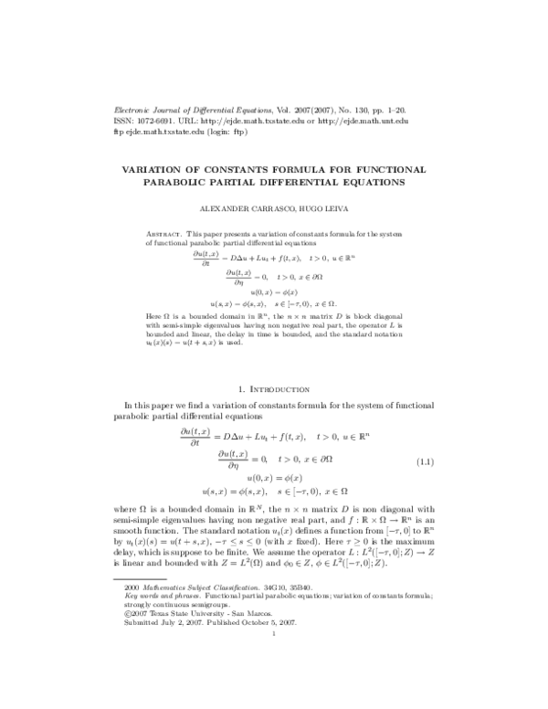 Pdf Variation Of Constants Formula For Functional Parabolic Partial Differential Equations