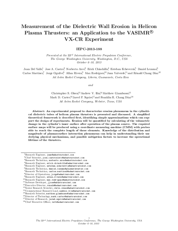 (PDF) Measurement of the Dielectric Wall Erosion in Helicon Plasma Thrusters: an Application to ...