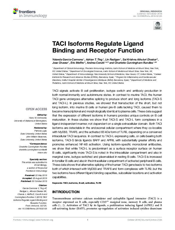 (PDF) TACI Isoforms Regulate Ligand Binding and Receptor Function