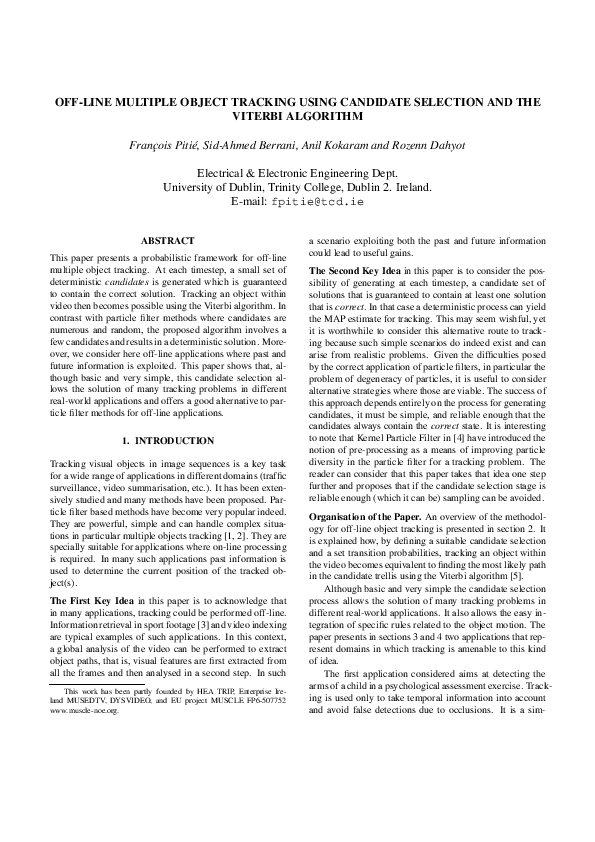 (PDF) Off-line multiple object tracking using candidate selection and the Viterbi algorithm