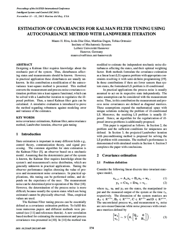(PDF) Estimation of Covariances for Kalman Filter Tuning using Autocovariance Method with ...
