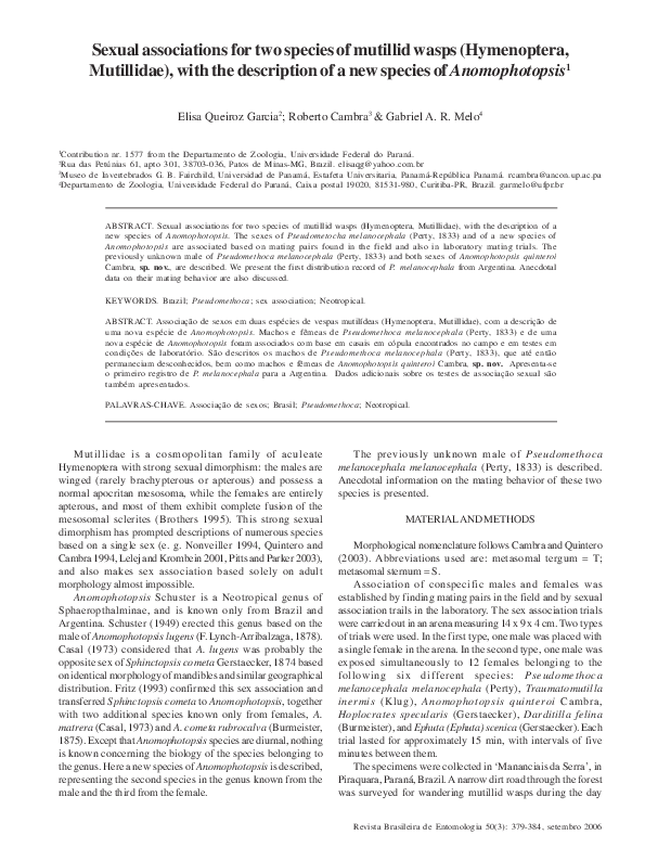 (PDF) Sexual associations for two species of mutillid wasps ...