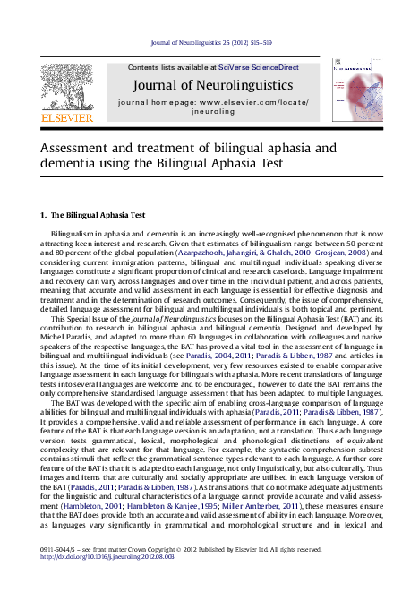 (PDF) Assessment and treatment of bilingual aphasia and dementia using ...