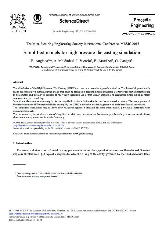 (PDF) Simplified Models for High Pressure Die Casting Simulation