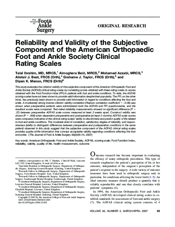 (PDF) Reliability and Validity of the Subjective Component of the ...