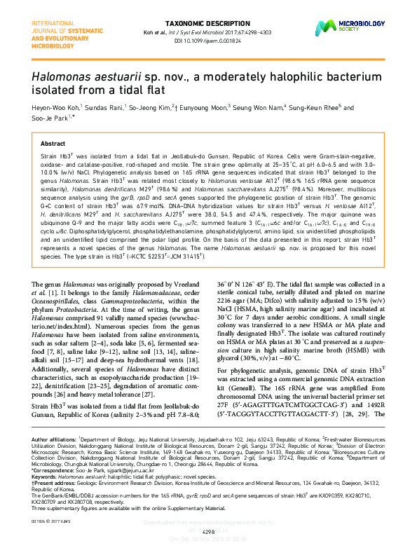 (PDF) Halomonas aestuarii sp. nov., a moderately halophilic bacterium isolated from a tidal flat