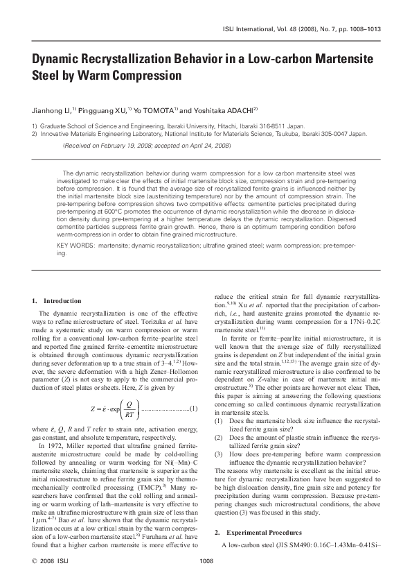 (PDF) Dynamic Recrystallization Behavior in a Low-carbon Martensite Steel by Warm Compression