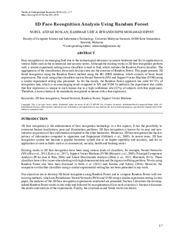 Pdf 3d Face Recognition Analysis Using Random Forest