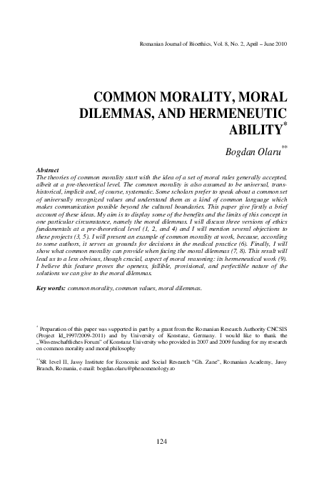 (PDF) Common morality, moral dilemmas, and hermeneutic ability