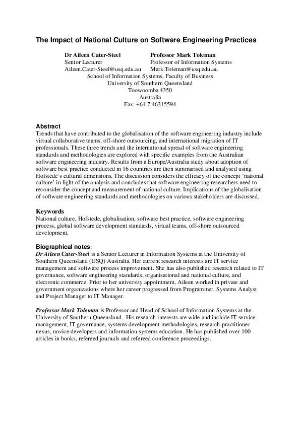(PDF) The impact of national culture on software engineering practices