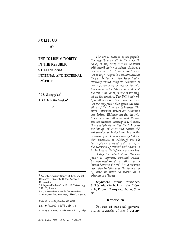 (PDF) The Polish minority in the Republic of Lithuania: internal and ...