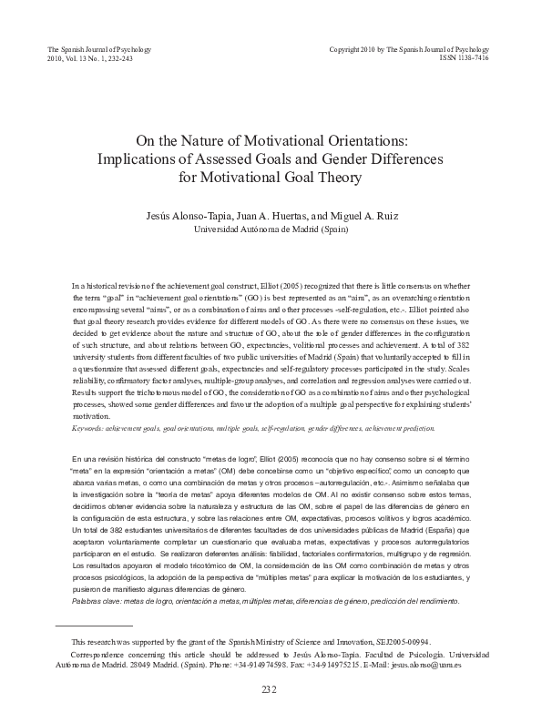 (PDF) On the Nature of Motivational Orientations: Implications of Assessed Goals and Gender ...