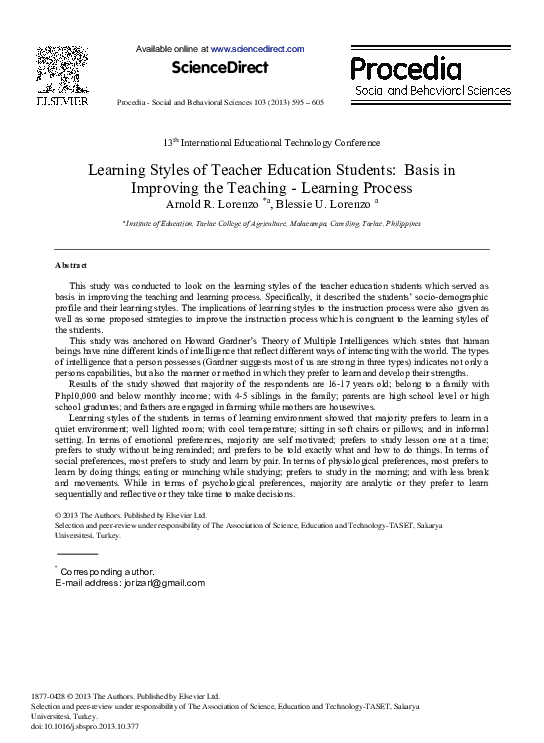 (PDF) Learning Styles of Teacher Education Students: Basis in Improving ...