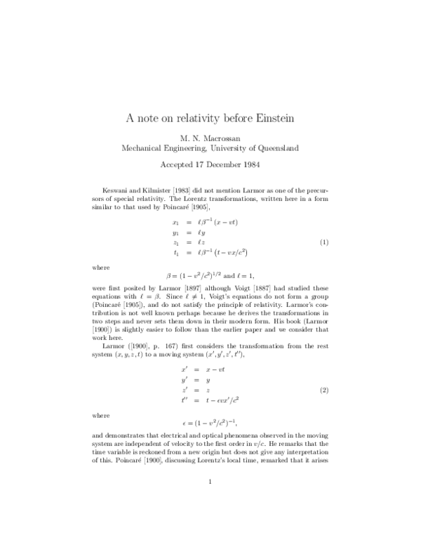 (PDF) A Note on Relativity Before Einstein