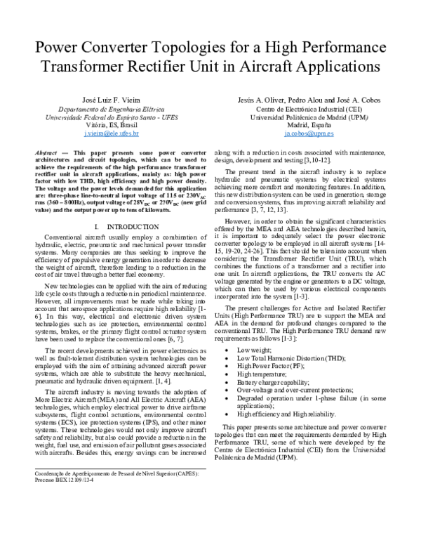 (PDF) Power converter topologies for a high performance transformer rectifier unit in aircraft ...