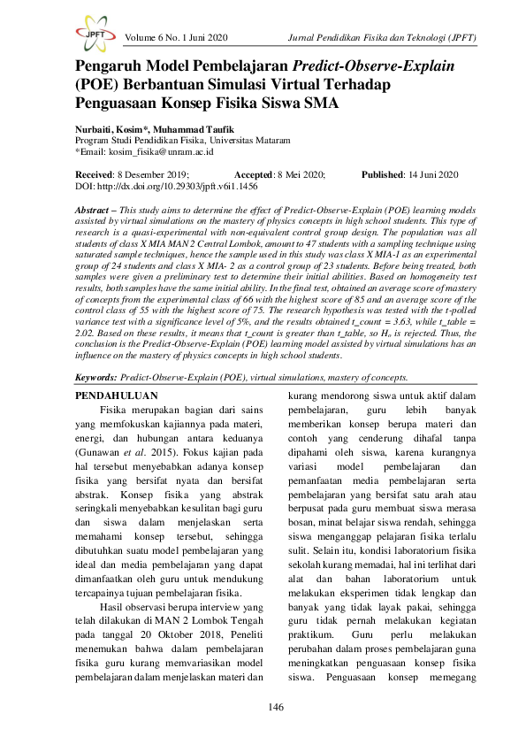 (PDF) Pengaruh Model Pembelajaran Predict-Observe-Explain (POE) Berbantuan Simulasi Virtual ...
