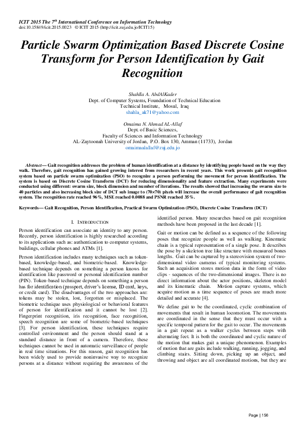 (PDF) Particle Swarm Optimization Based Discrete Cosine Transform for Person Identification by ...