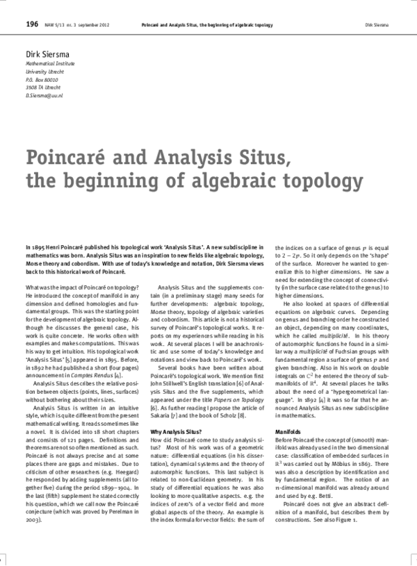 (PDF) Poincaré and Analysis Situs, the beginning of algebraic topology