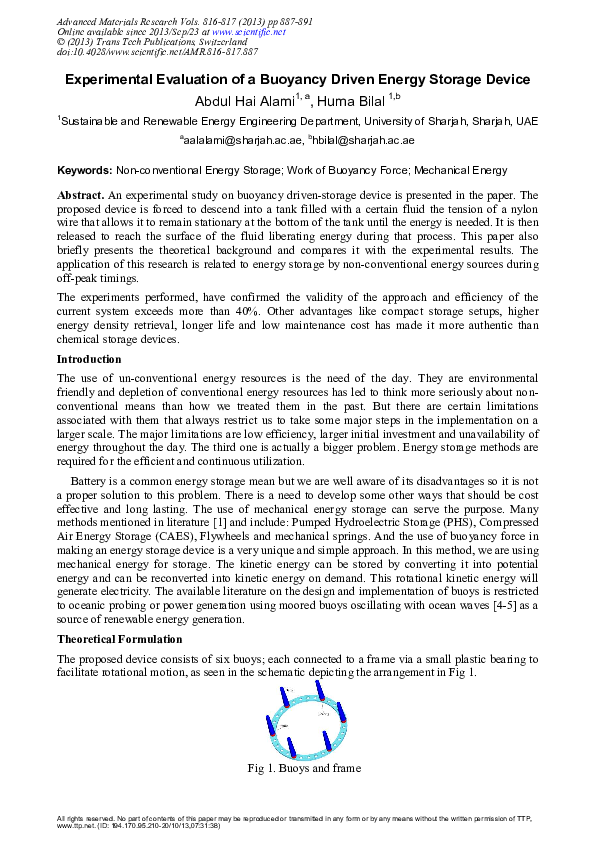 (PDF) Experimental Evaluation of a Buoyancy Driven Energy Storage Device