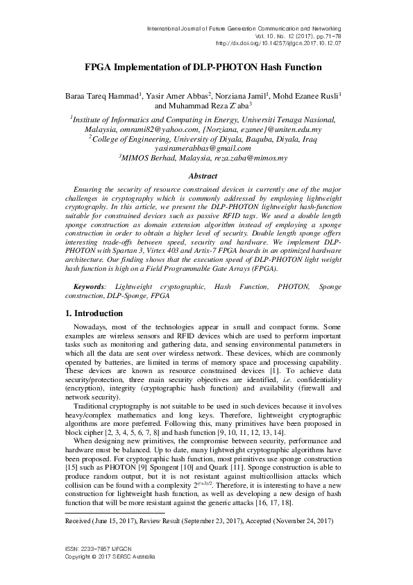 (PDF) FPGA Implementation of DLP-PHOTON Hash Function