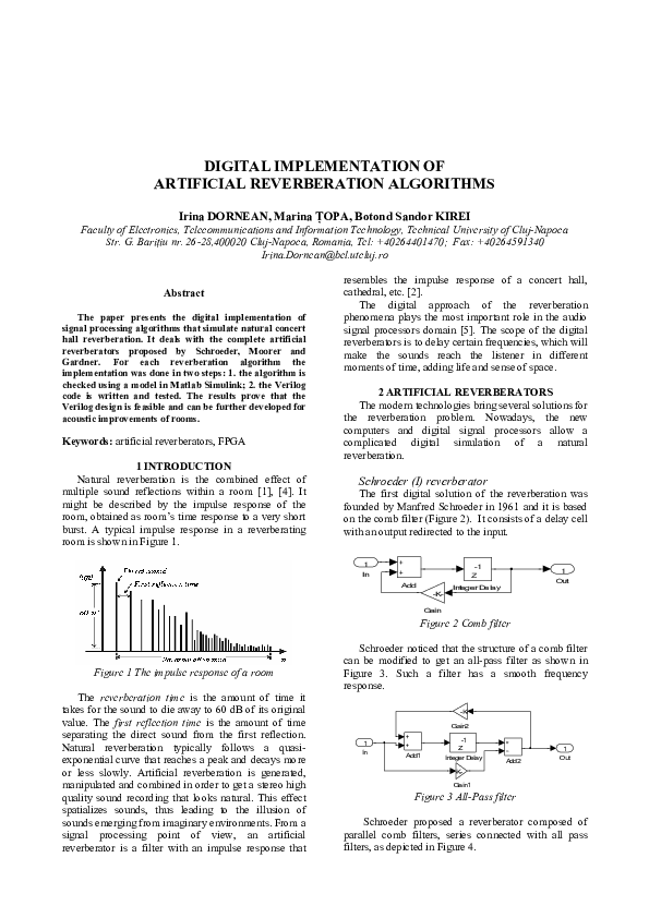 Pdf Digital Implementation Of Artificial Reverberation Algorithms