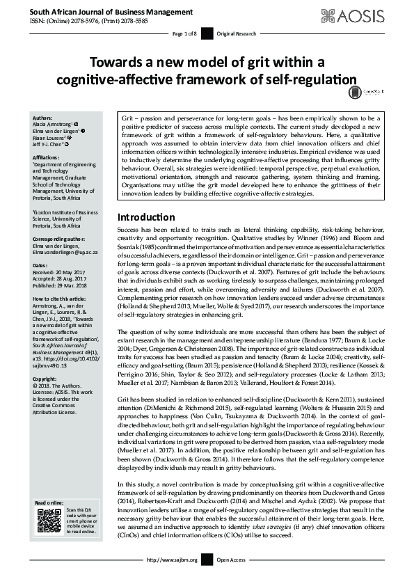 (PDF) Towards a new model of grit within a cognitive-affective ...