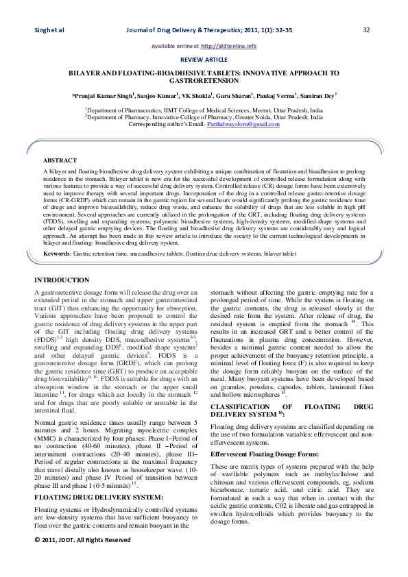 (PDF) Bilayer and Floating-Bioadhesive Tablets: Innovative Approach to ...