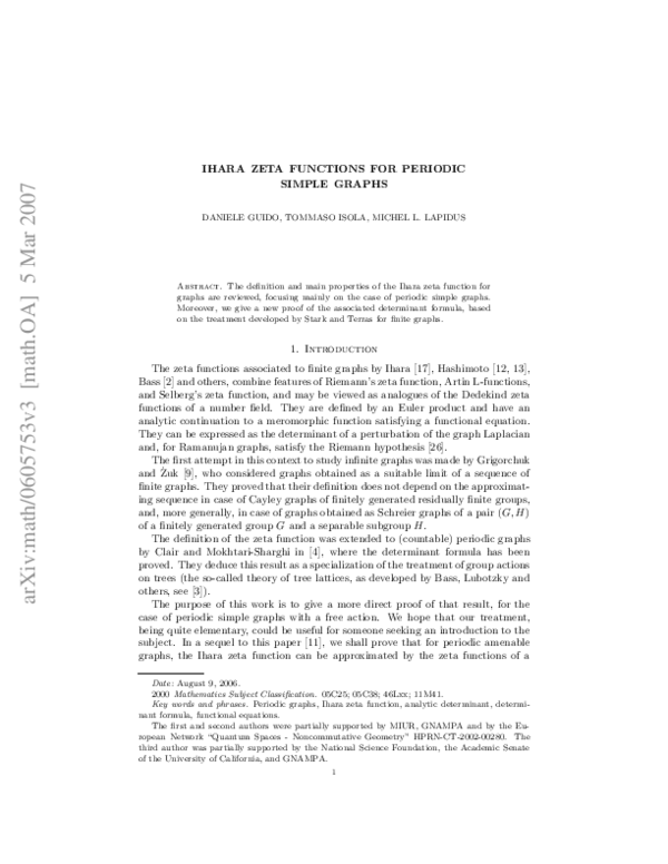 (PDF) Ihara Zeta Functions for Periodic Simple Graphs