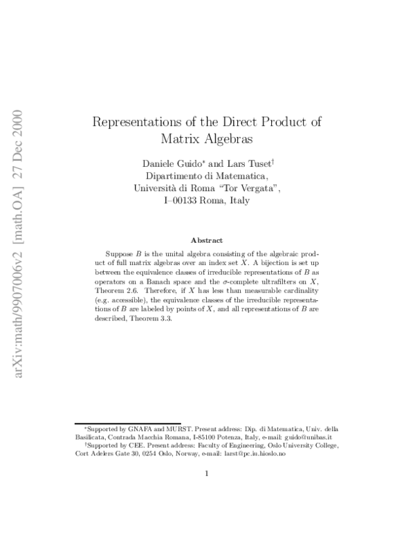 (PDF) Representations of the direct product of matrix algebras