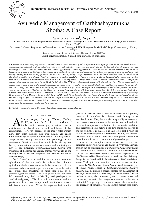 (PDF) Ayurvedic Management of Garbhashayamukha Shotha: A Case Report