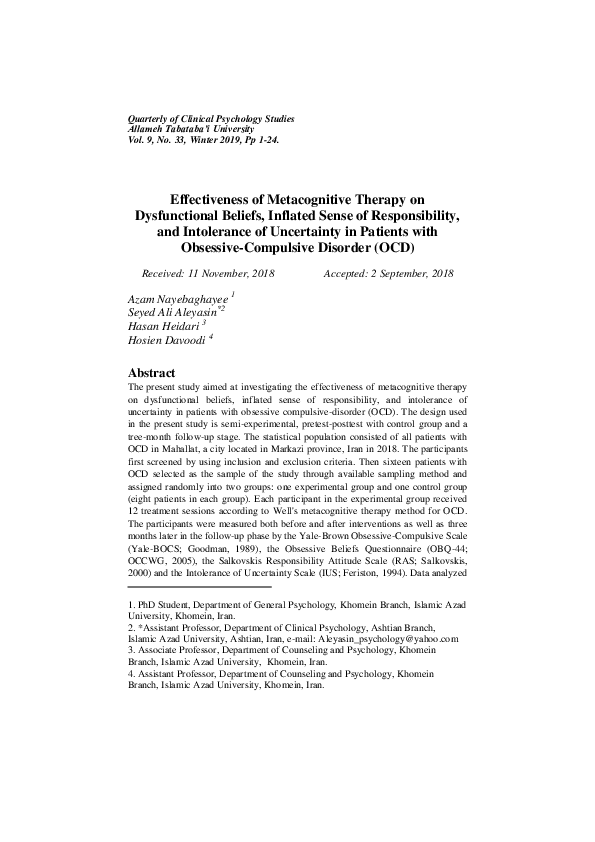 Pdf Effectiveness Of Metacognitive Therapy On Dysfunctional Beliefs