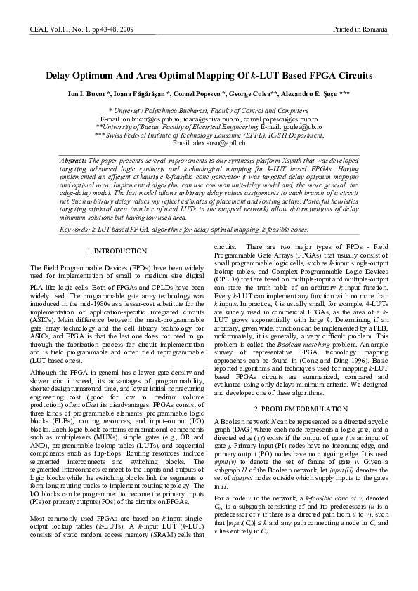 Pdf Delay Optimum And Area Optimal Mapping Of K Lut Based Fpga Circuits