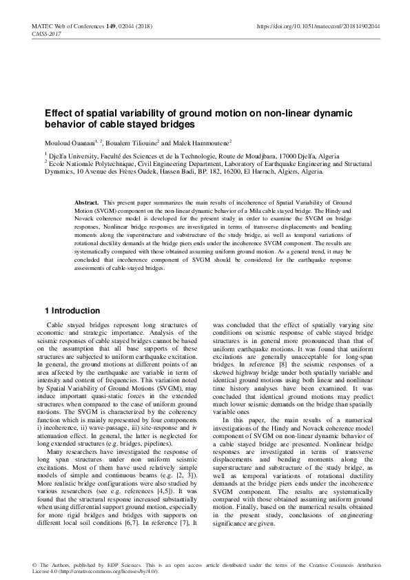 (PDF) Effect of spatial variability of ground motion on non-linear dynamic behavior of cable ...