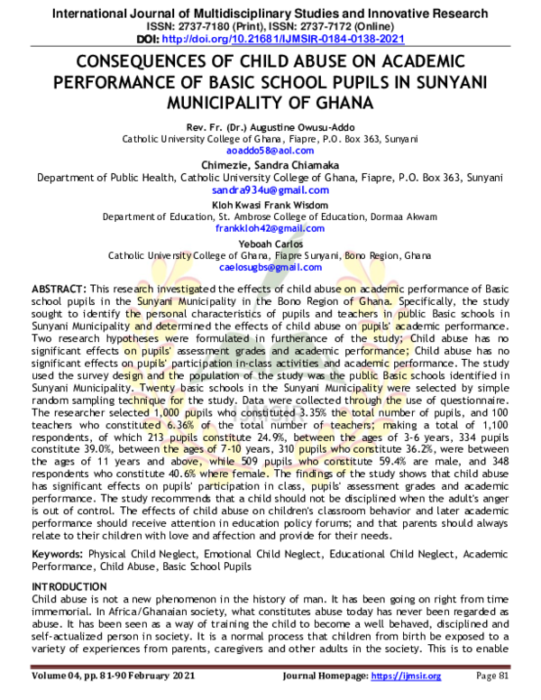(PDF) IJMSIR EFFECTS OF CHILD ABUSE ON THE ACADEMIC P Feb 2021 final