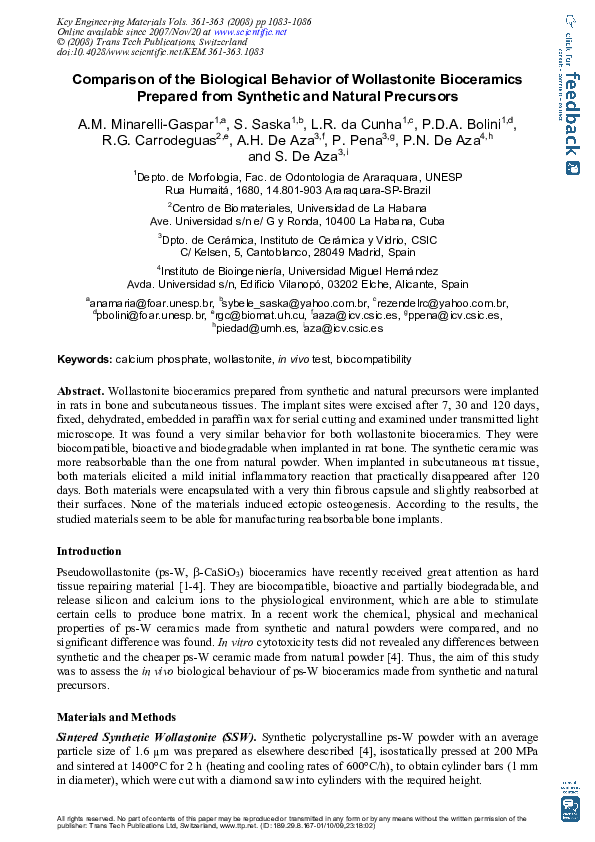 (PDF) Comparison of the Biological Behavior of Wollastonite Bioceramics Prepared from Synthetic ...